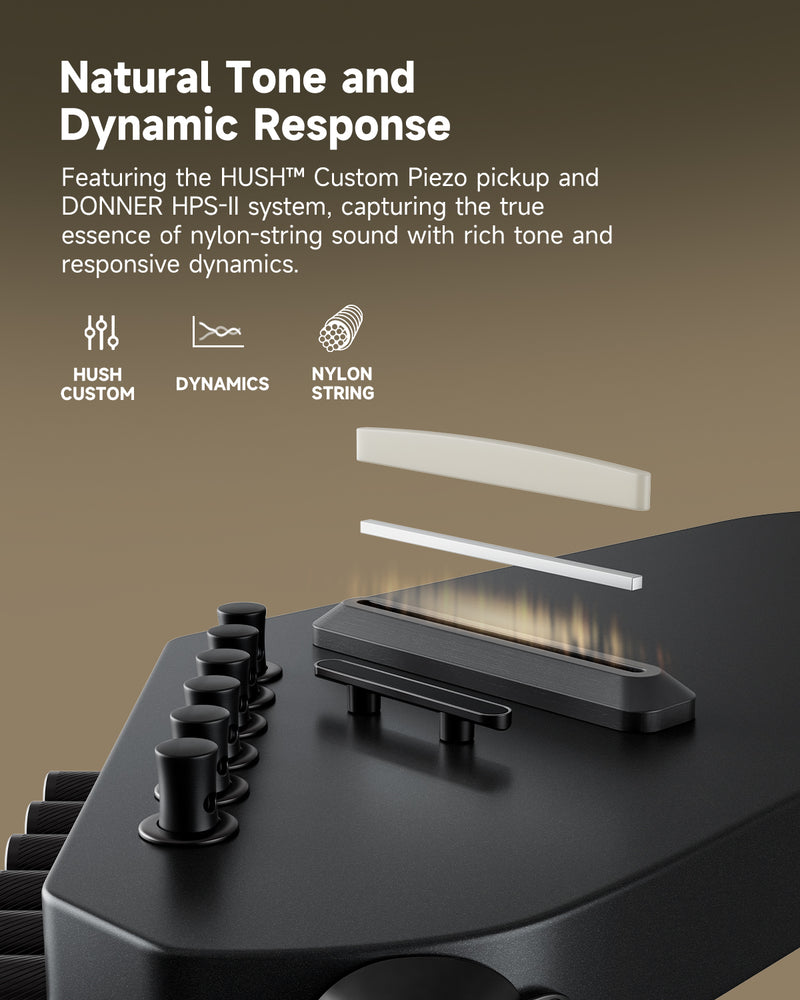 Donner HUSH™ C Nylon Guitar – Lightweight Travel Acoustic-Electric Guitar with Headphone